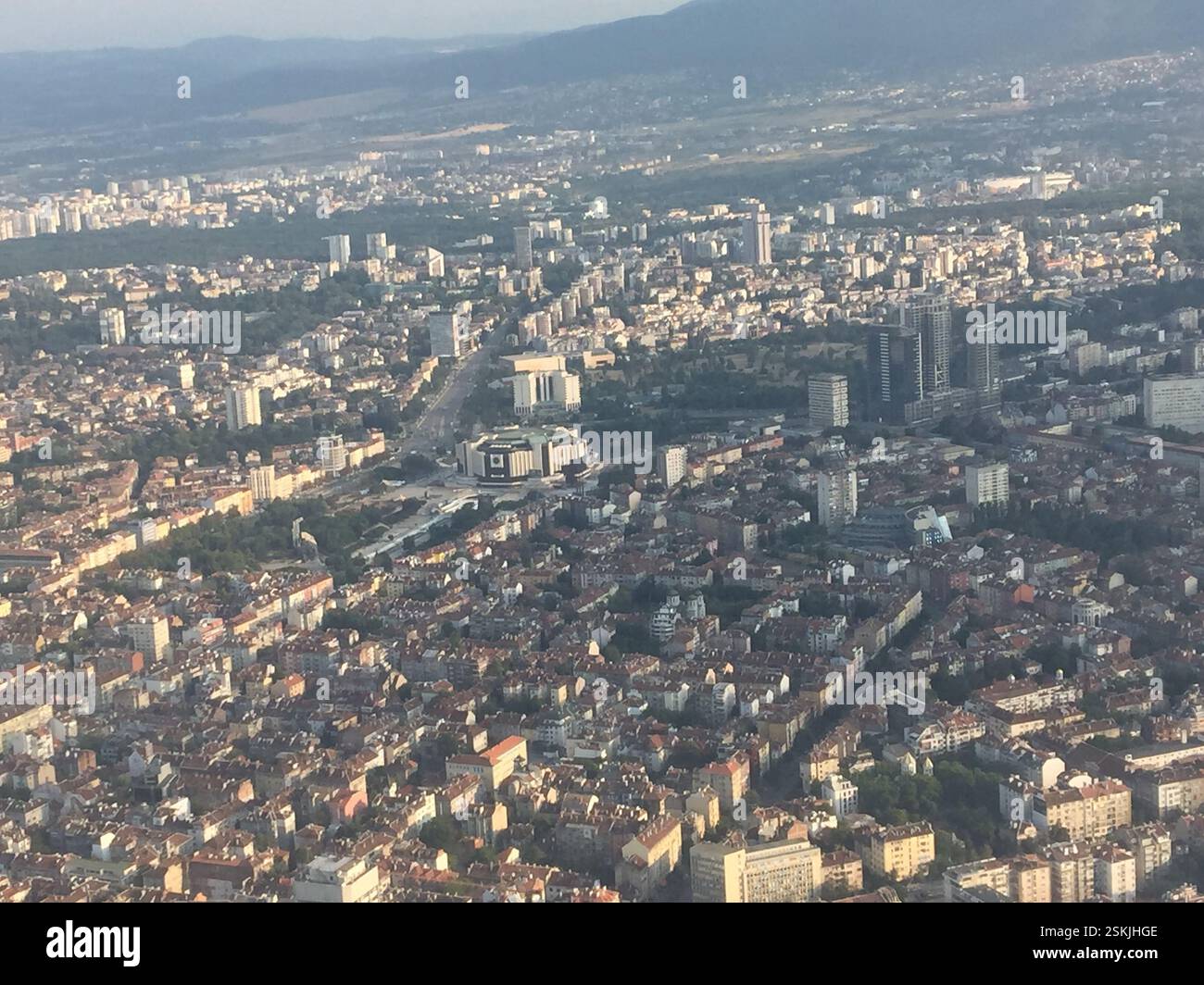 Aerial view of Lyon, France. Sprawling cityscape with a large stadium ...