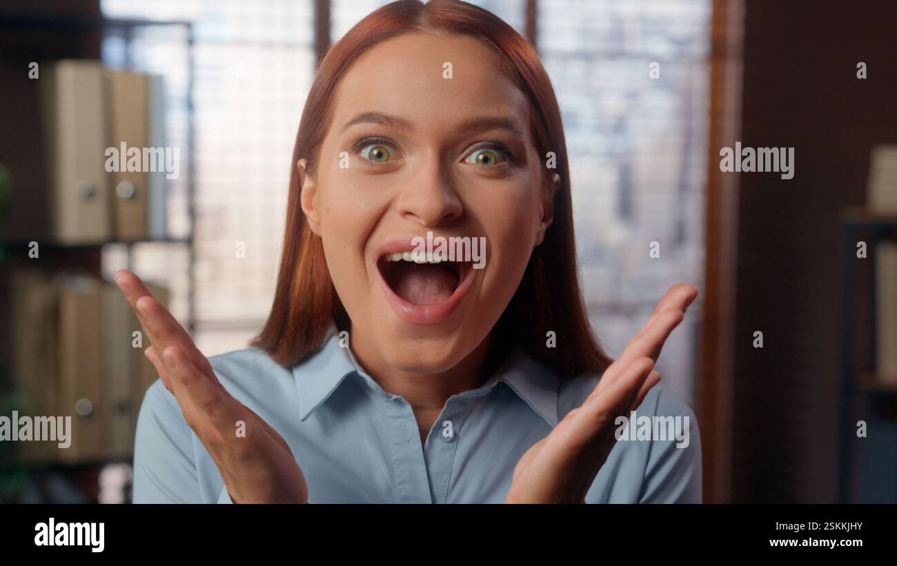 Portrait in company office amazed wonder oh my god reaction stunned big eyes open mouth shock ...