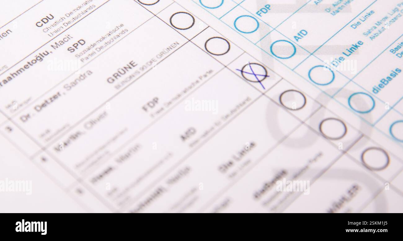 12. February 2025 - Berlin, Germany. Close up of a ballot paper ...