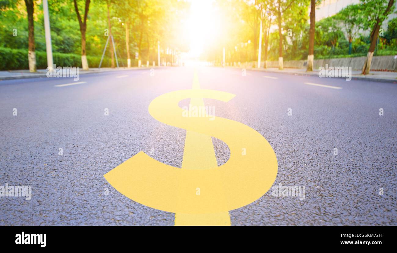 A straight road stretches into the distance where the sun shines, with ...