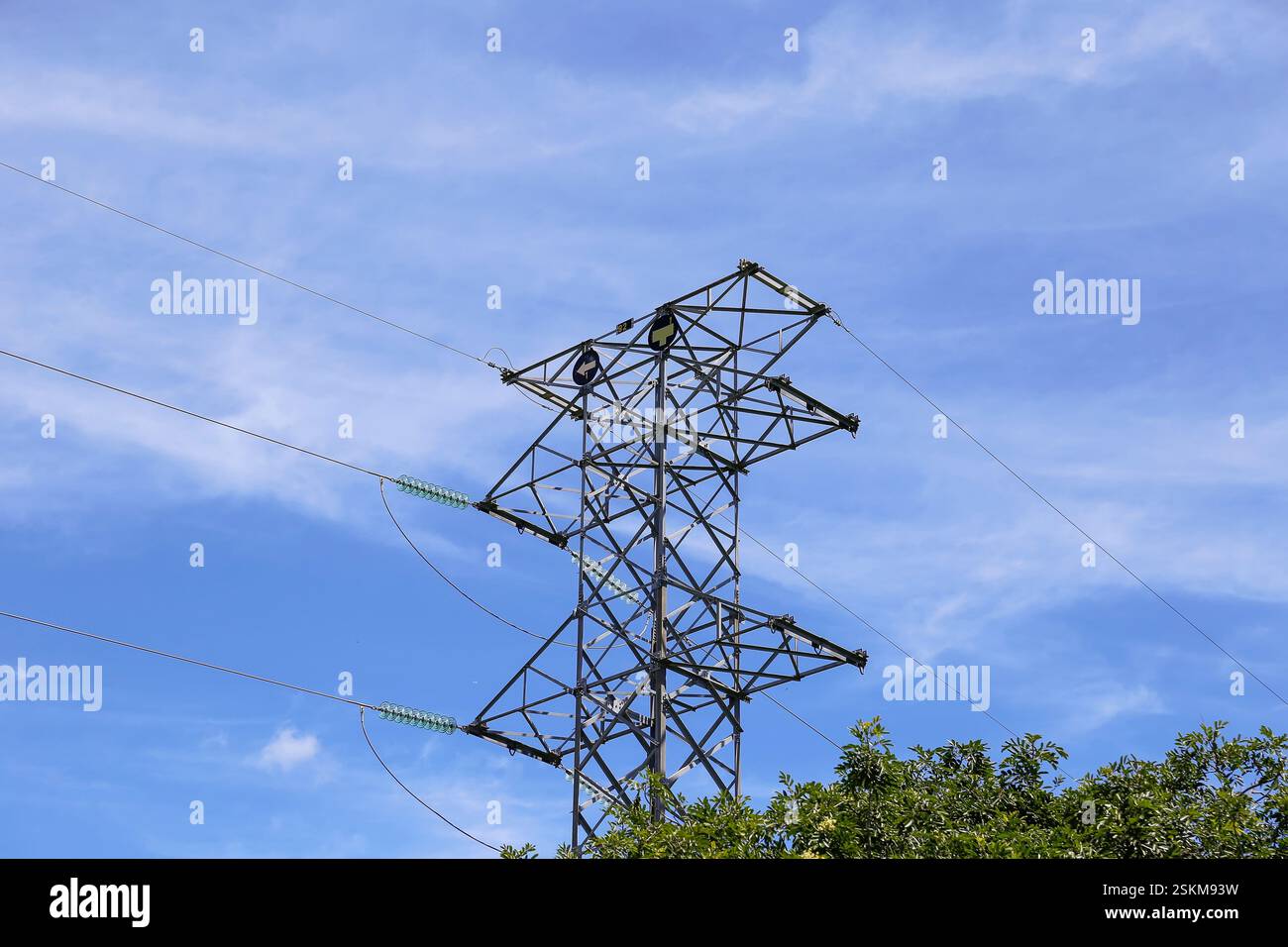 Electric power transmission tower and electrical power cables Stock ...