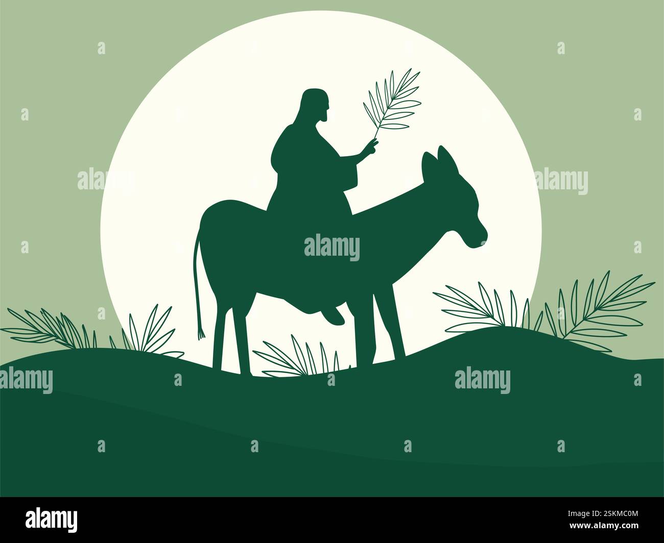 Palm Sunday. Holy Week. Silhouette of Jesus Christ sitting on a donkey ...