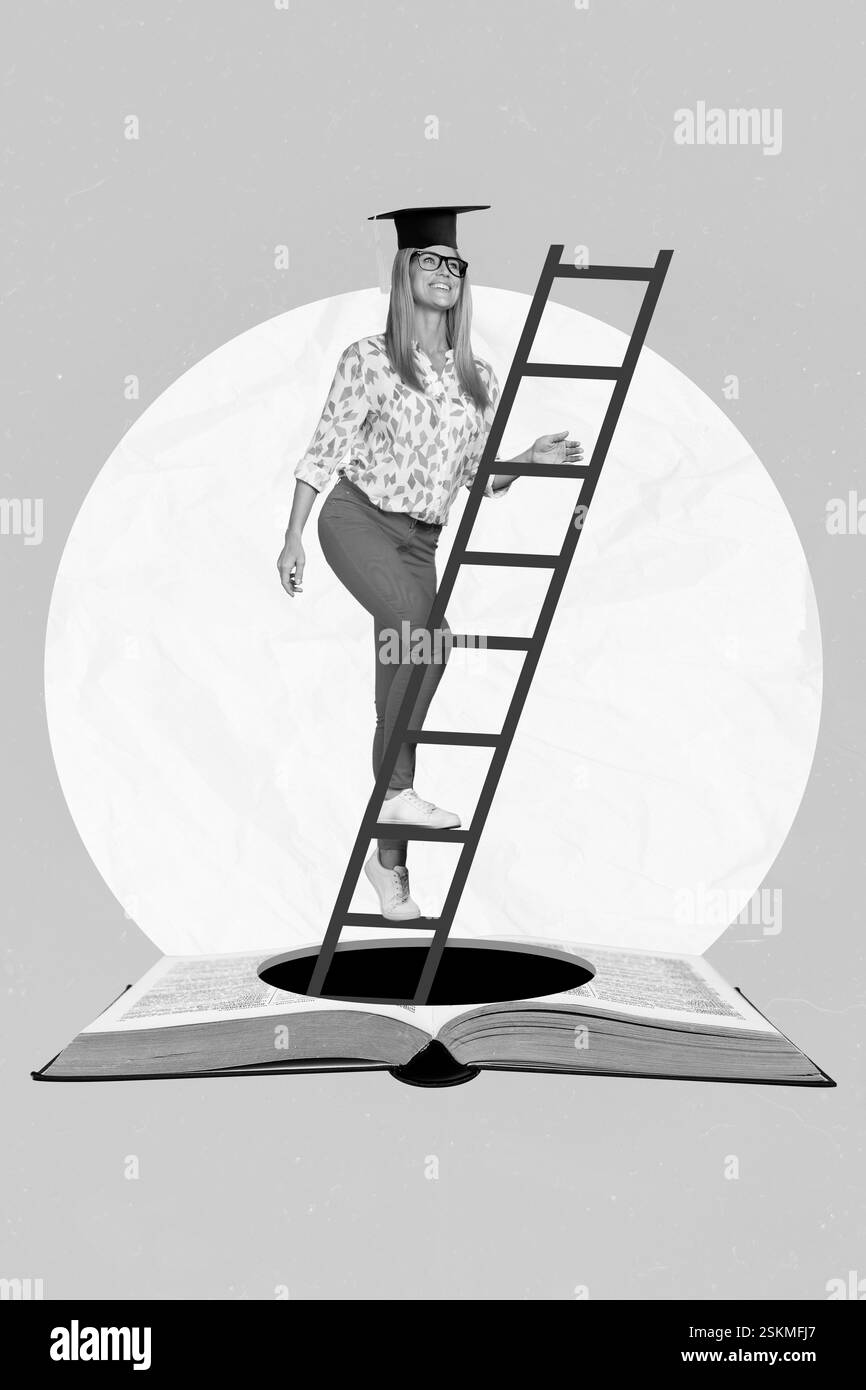 Creative metaphor collage banner of female lady climb ladder up from ...