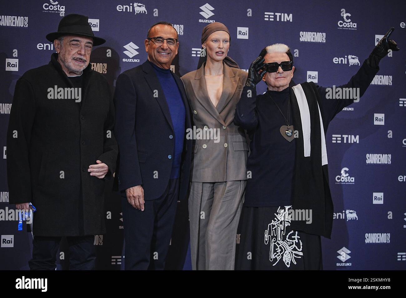 Sanremo, Italia. 12th Feb, 2025. Nino Frassica, Carlo Conti, Bianca ...