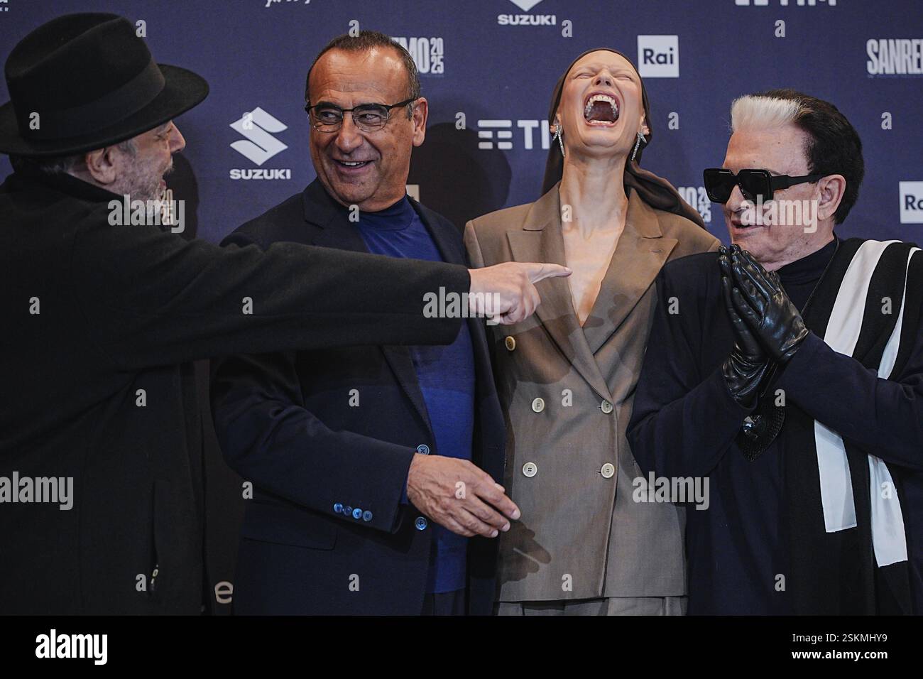 Sanremo, Italia. 12th Feb, 2025. Nino Frassica, Carlo Conti, Bianca ...