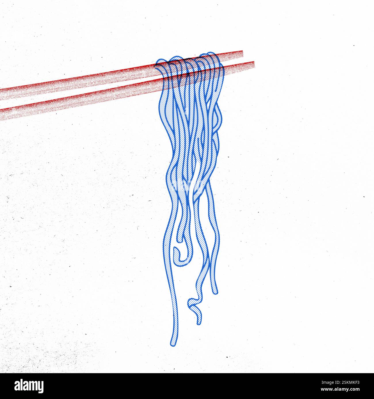 Chopsticks grasping flowing blue noodles, stylized with red outline and ...