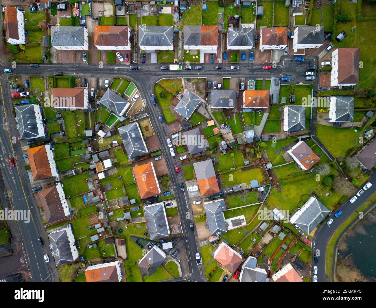 Aerial view of former council houses. Estate in Greenock, Inverclyde ...