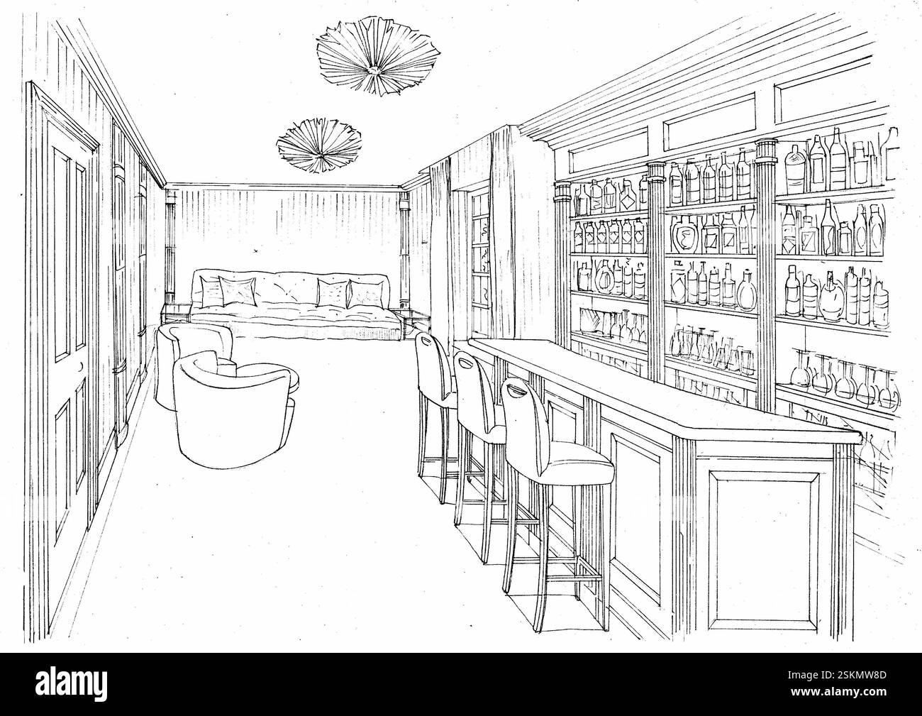 A hand drawn pen and ink sketch of a traditional style bar area on a ...