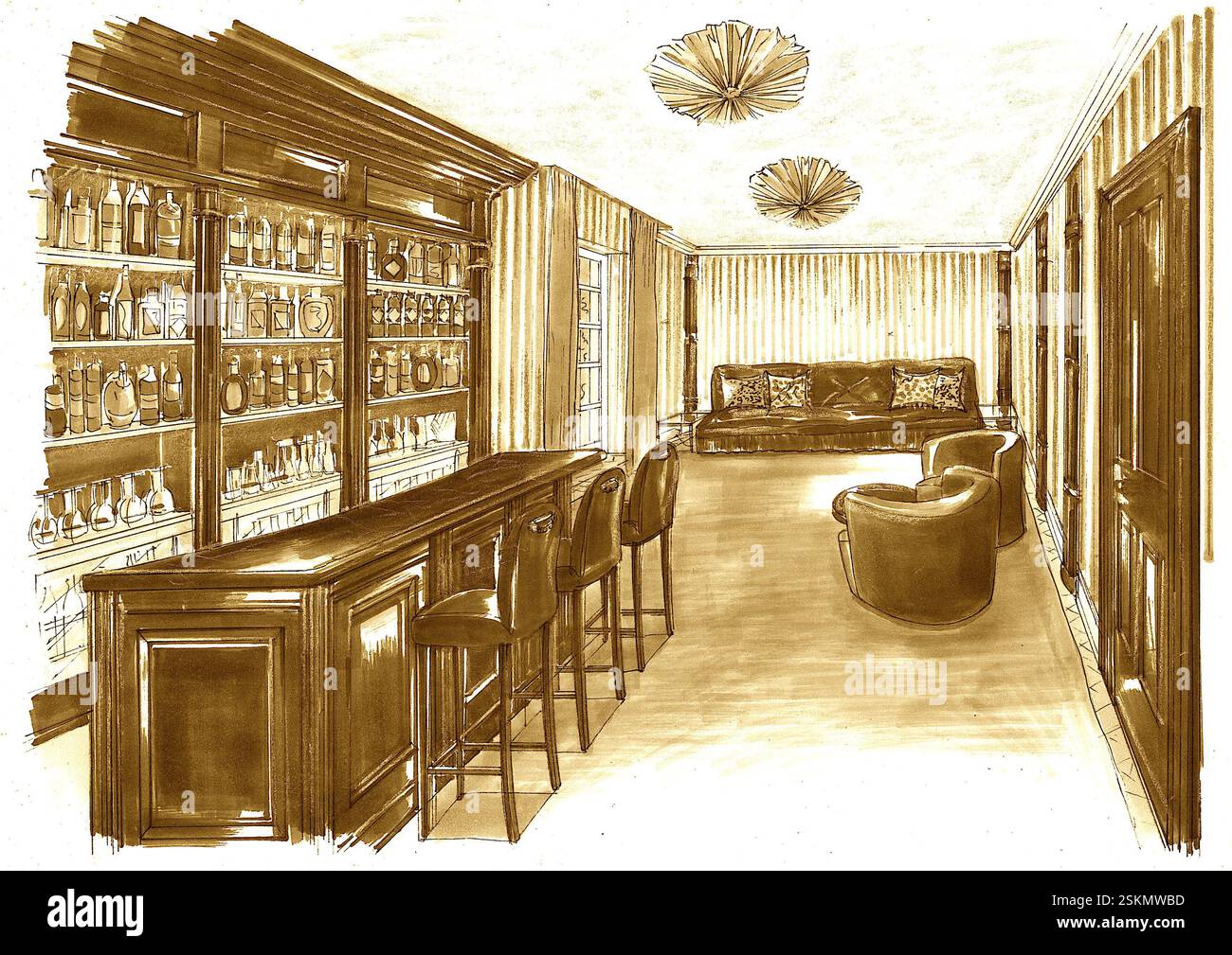 A hand drawn pen and ink sketch of a traditional style bar area on a ...