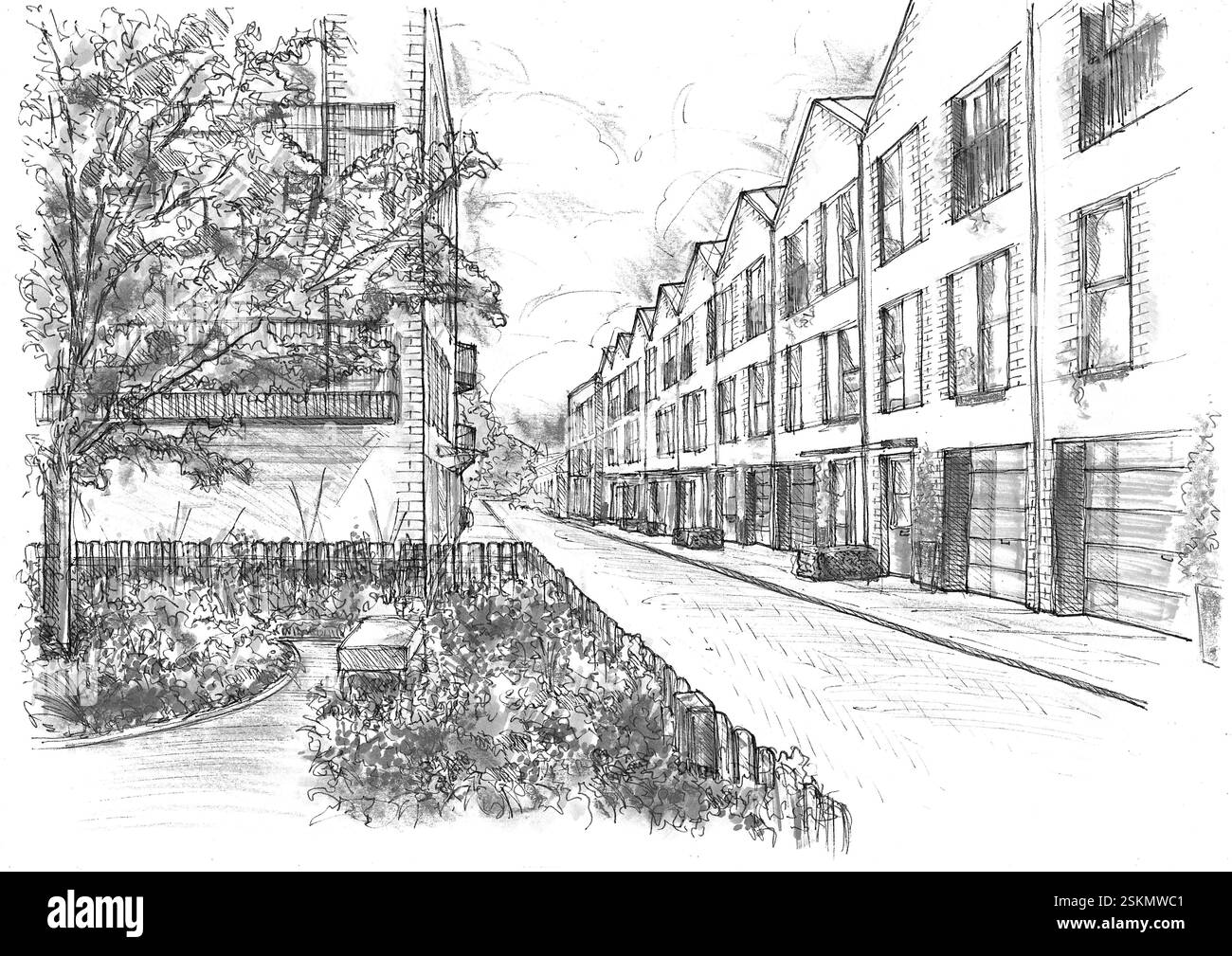A hand drawn pen and ink sketch of a modern street scene on a white ...