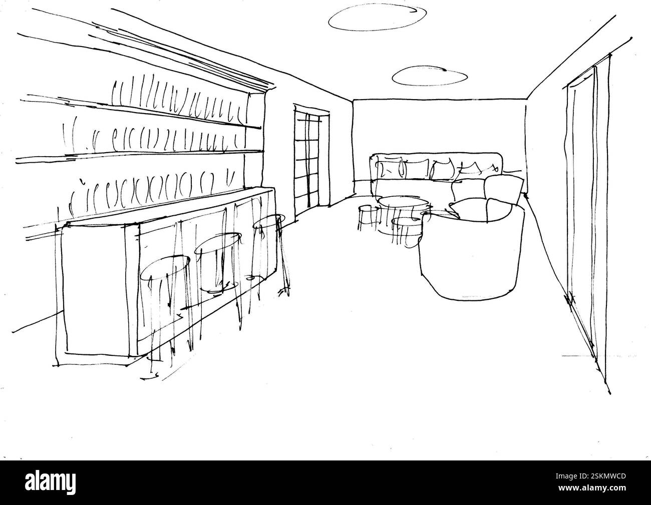 A hand drawn pen and ink sketch of a traditional style bar area on a ...