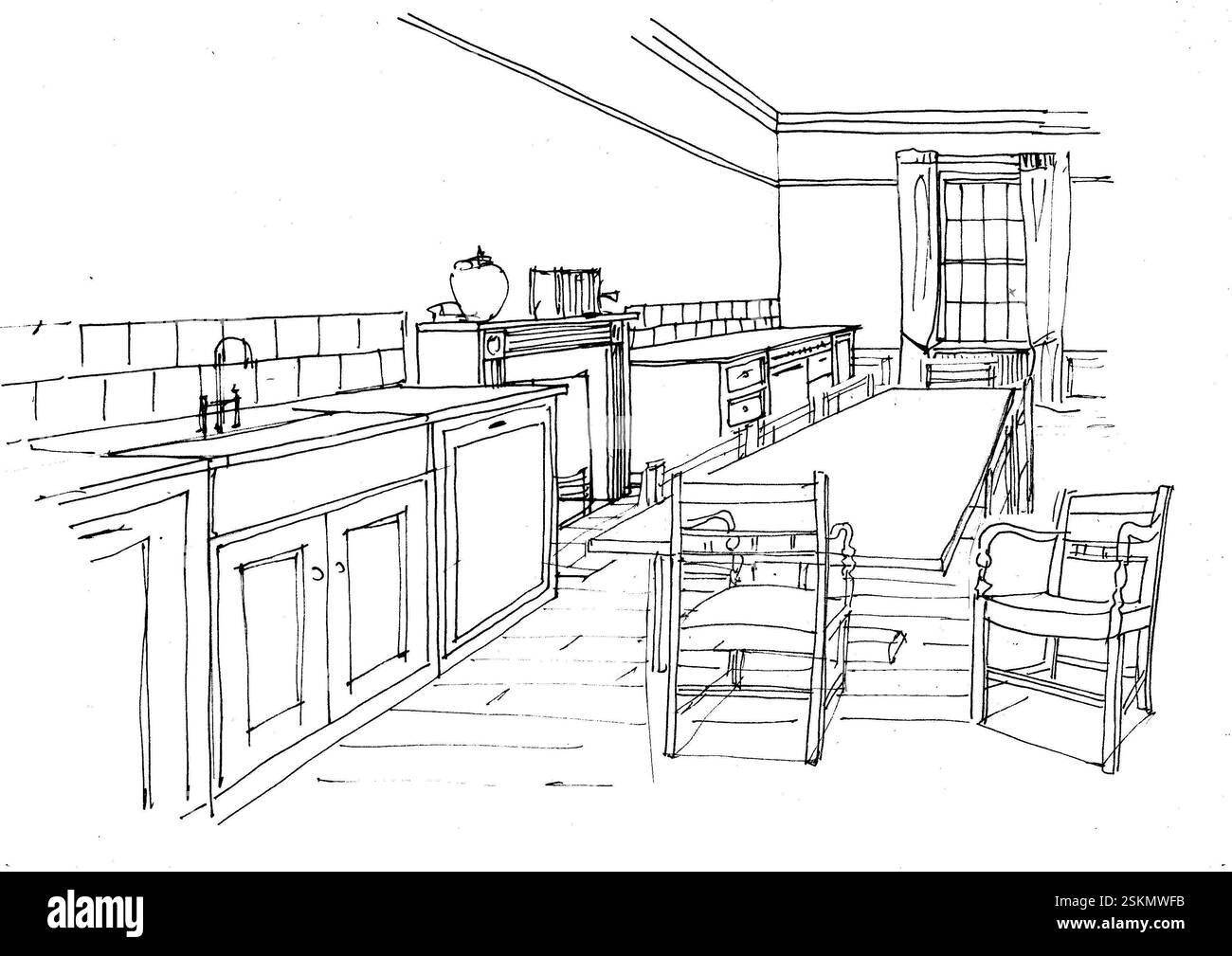 A hand drawn pen and ink sketch of a traditional kitchen on a white ...