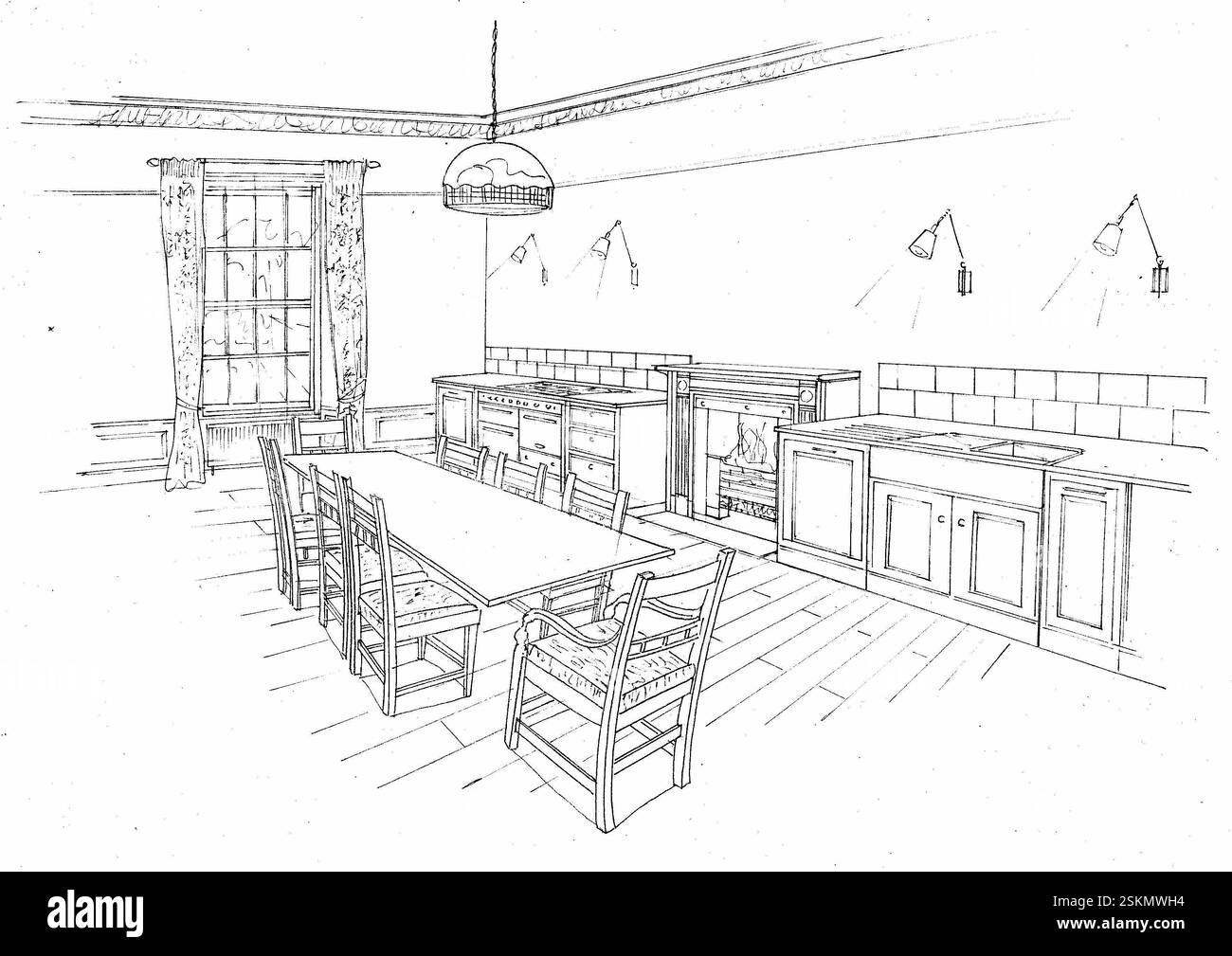 A hand drawn pen and ink sketch of a traditional kitchen on a white ...
