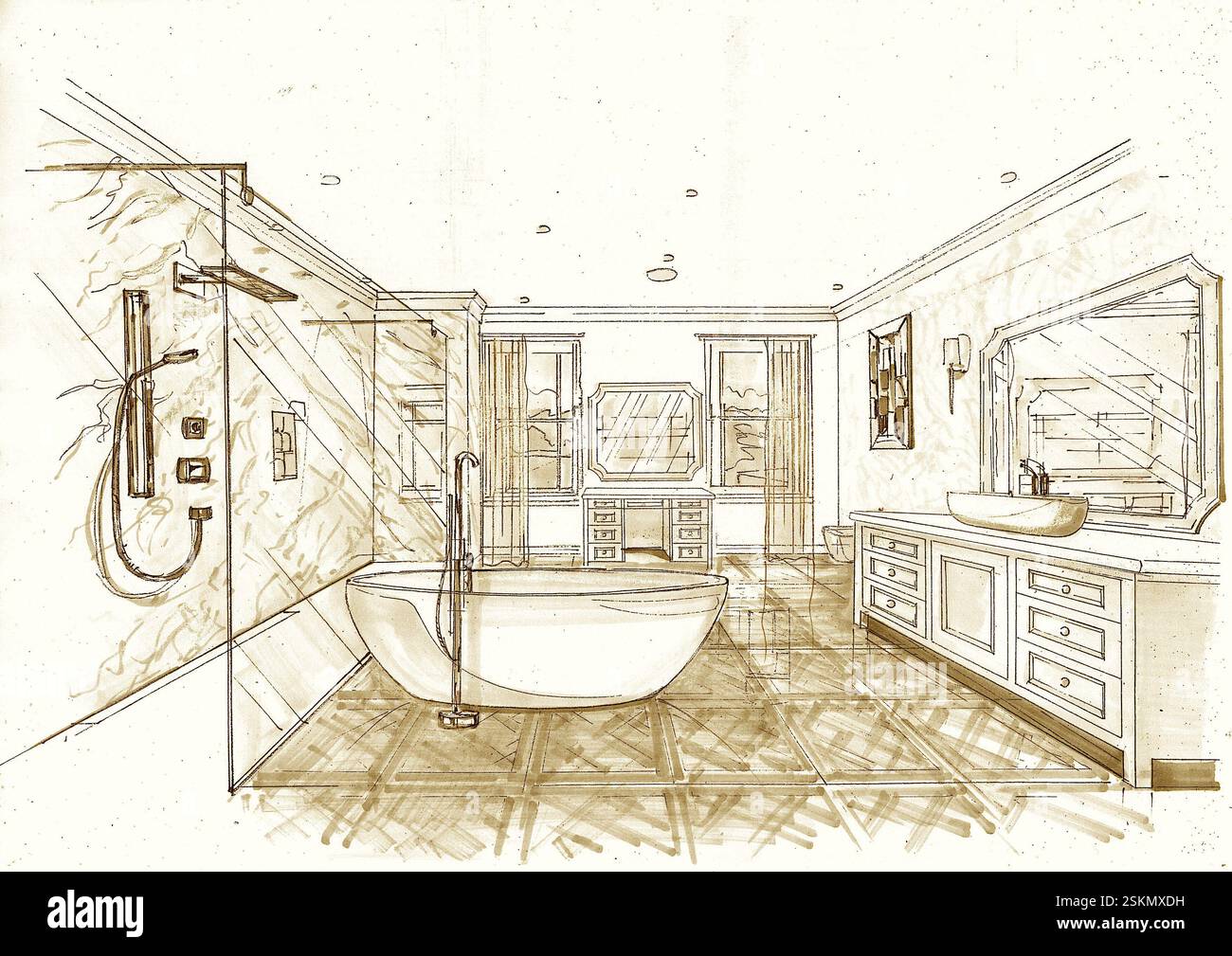 A hand drawn pen and ink sketch of a modern bathroom on a white ...