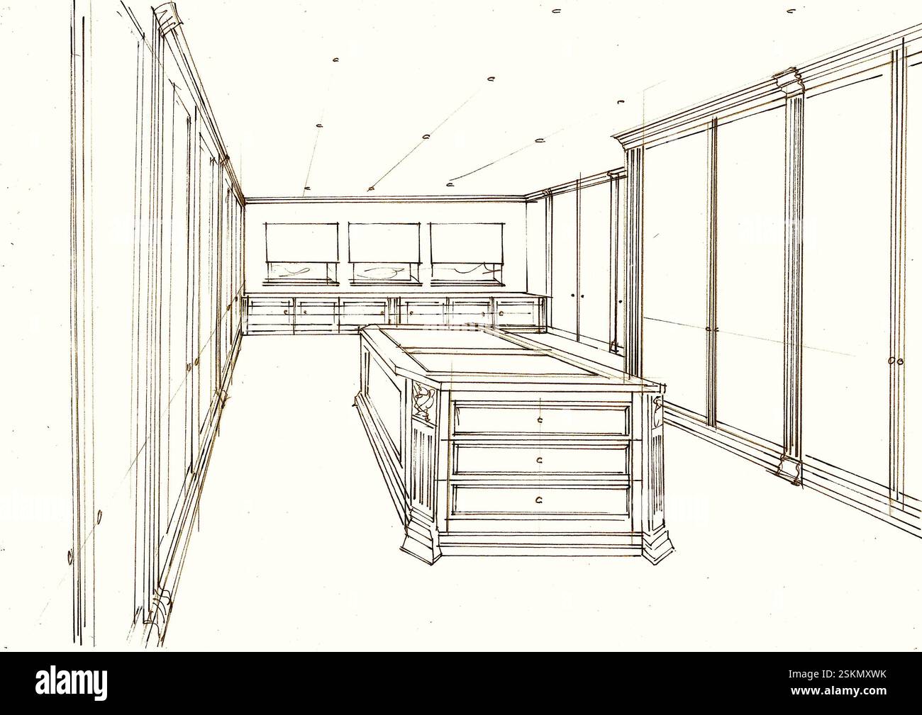 A hand drawn pen and ink sketch of a modern shop interior on a white ...