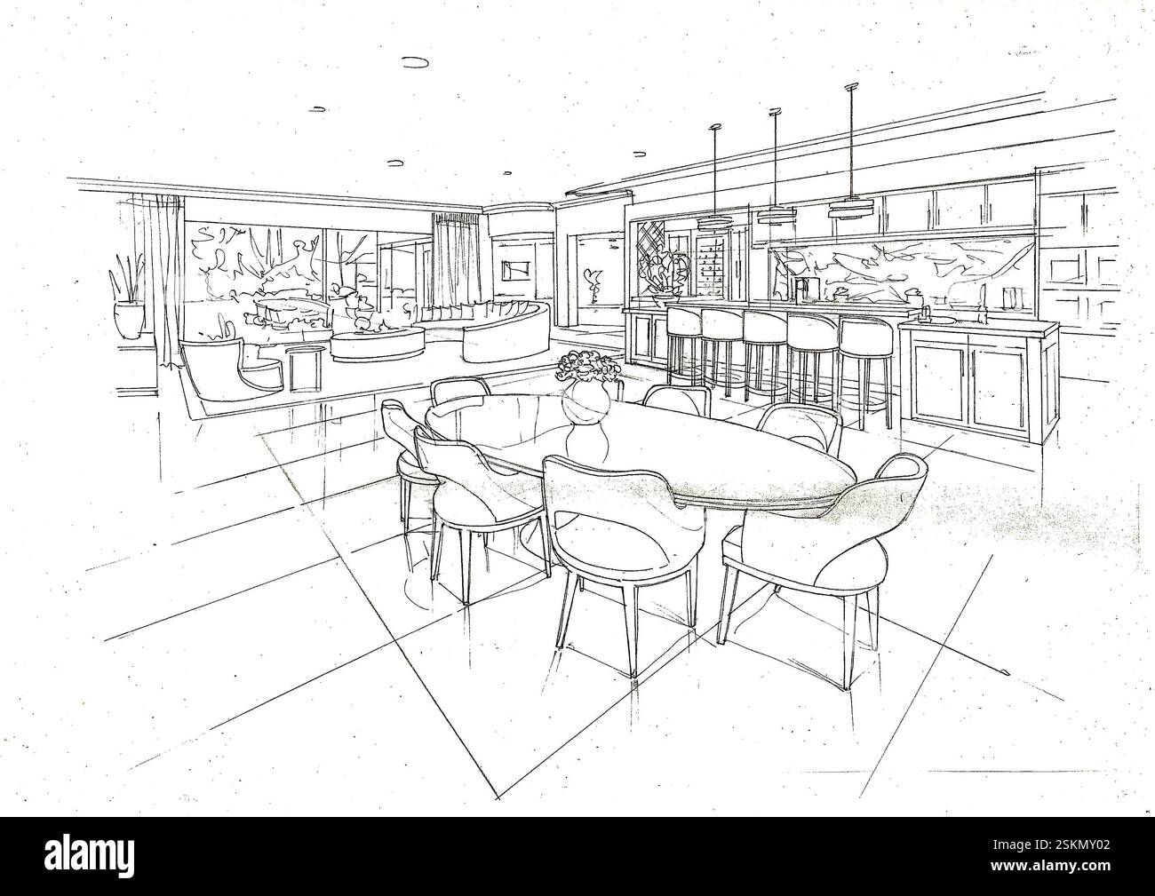 A hand drawn pen and ink sketch of a modern kitchen on a white ...