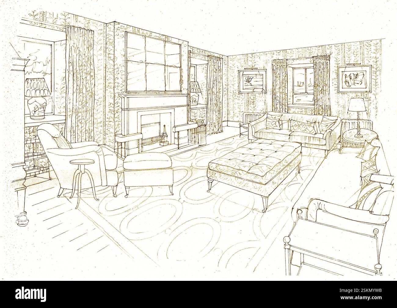 A hand drawn pen and ink sketch of a traditional lounge on a white ...