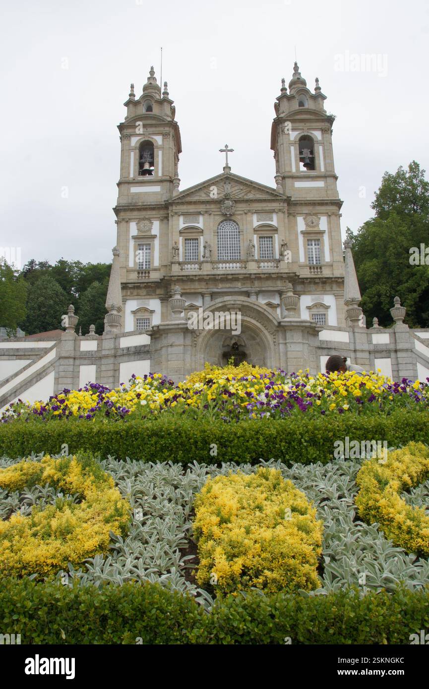 Bom Jesus do Monte sanctuary, Braga, Portugal. Baroque facade, twin ...