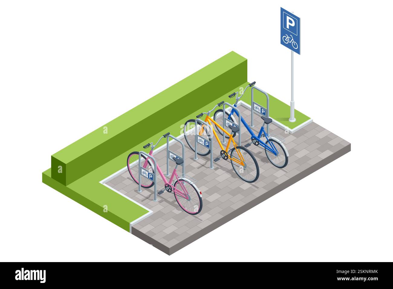 An isometric illustration of an outdoor bicycle parking area with three ...
