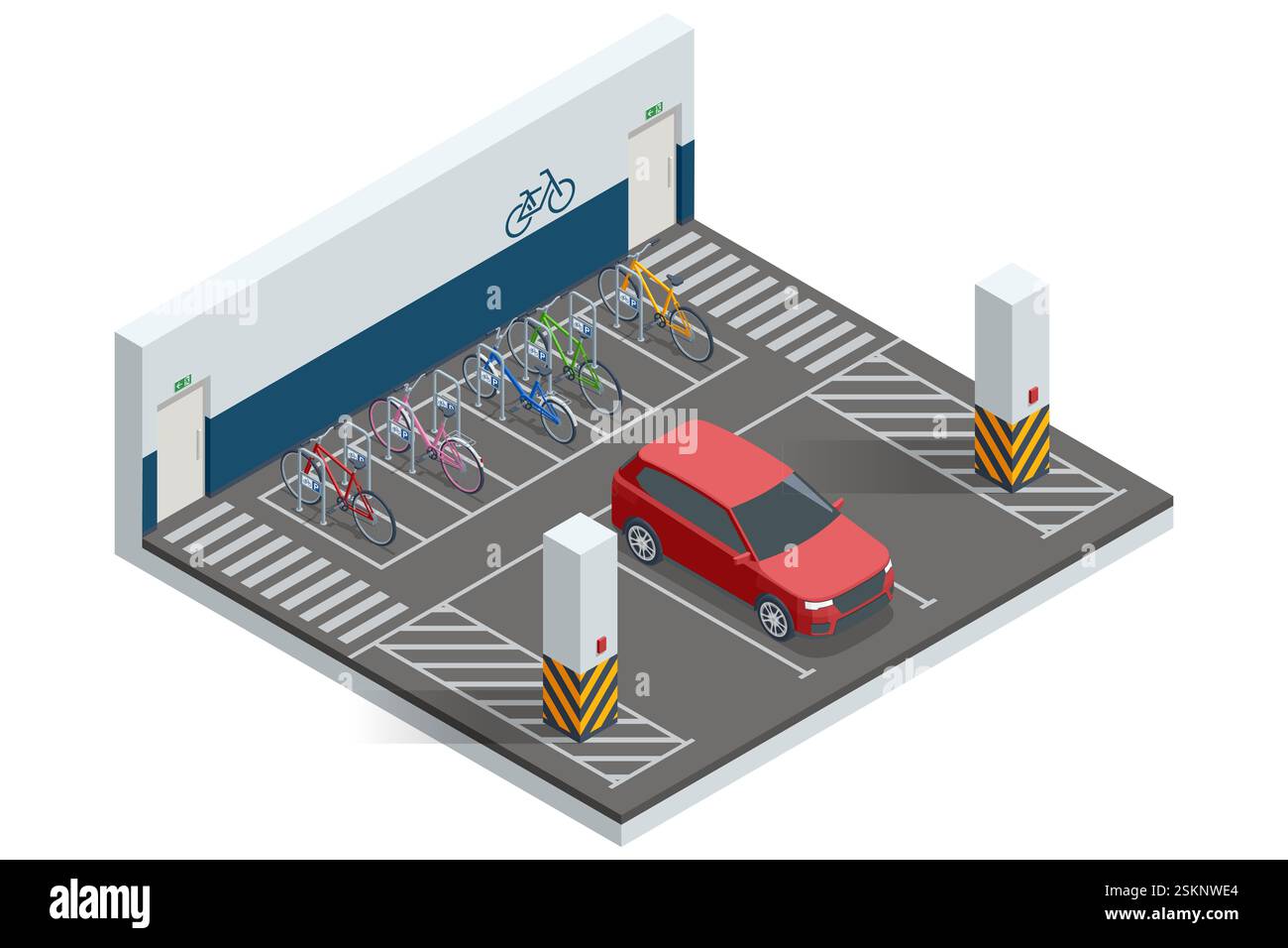 Isometric indoor parking facility with designated bicycle racks and a ...