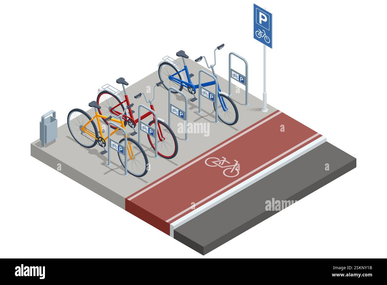 Isometric vector illustration of a bike parking area with a red cycling ...