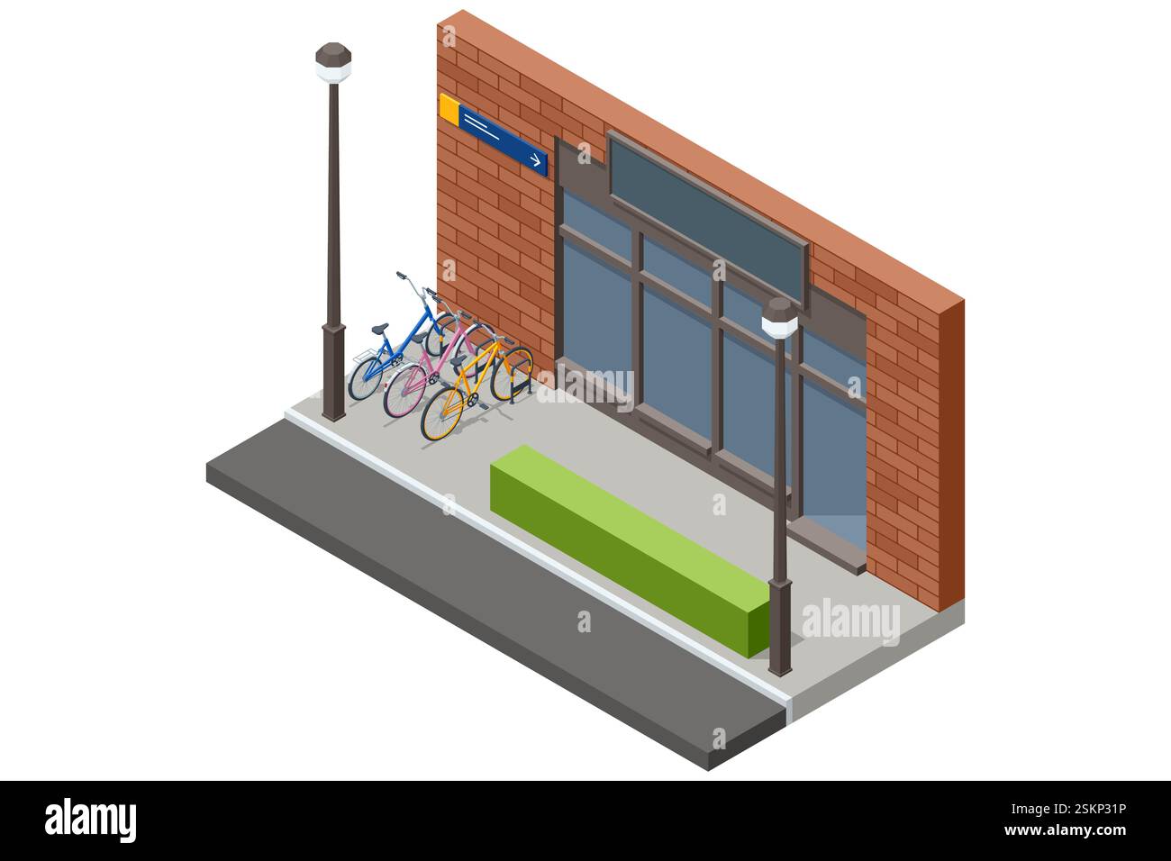 Isometric vector of a bike parking area near a building entrance with ...