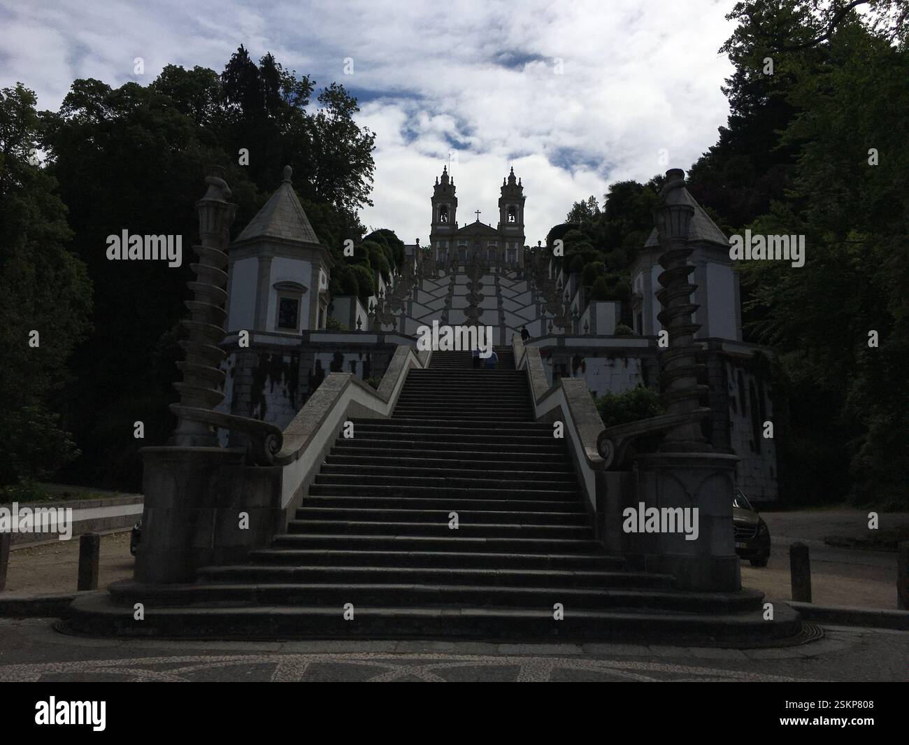 Staircase leading to a grand Braga church. Twin towers pierce the ...