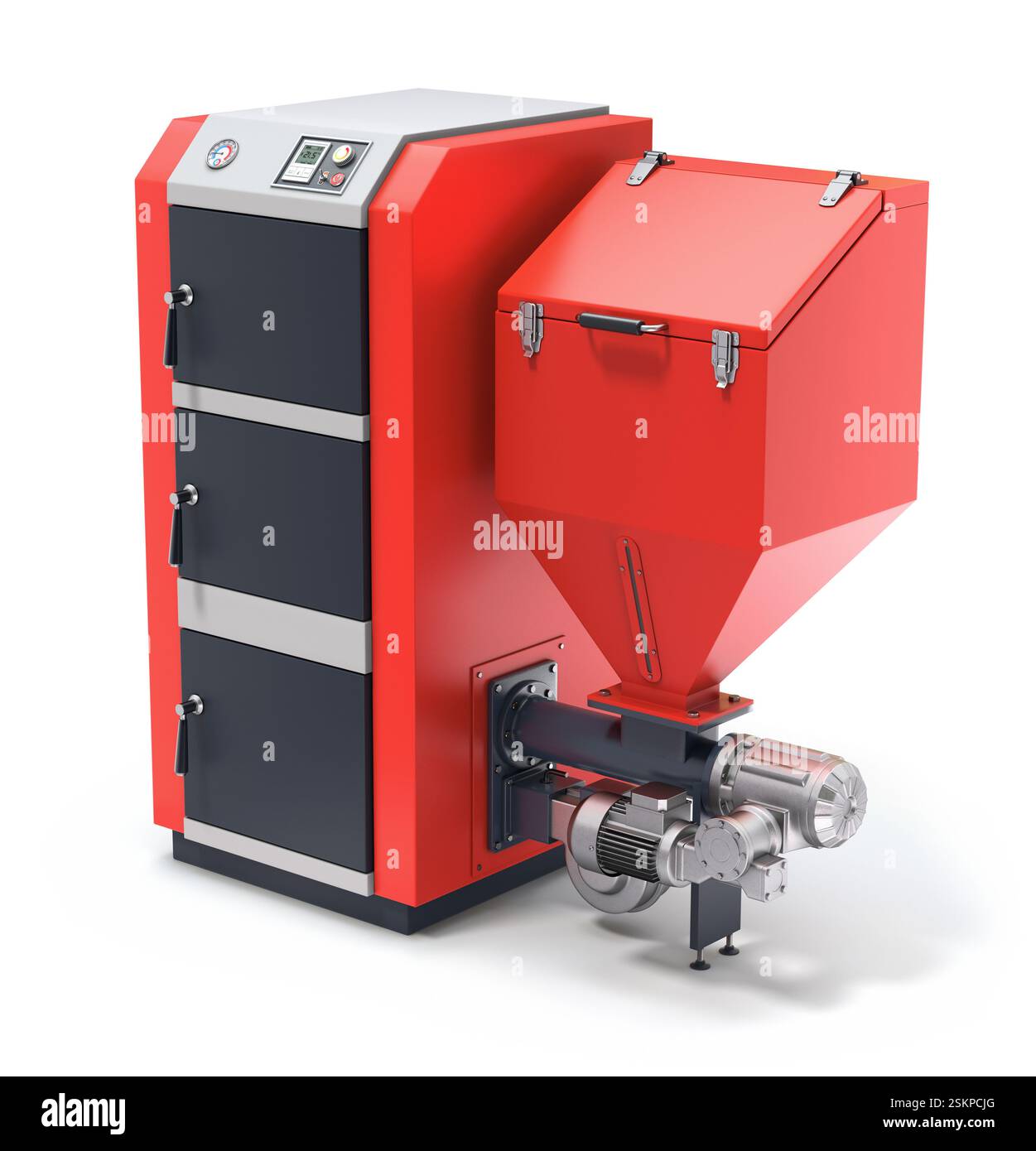 Wood pellet boiler with fuel hooper and feeding system on white ...