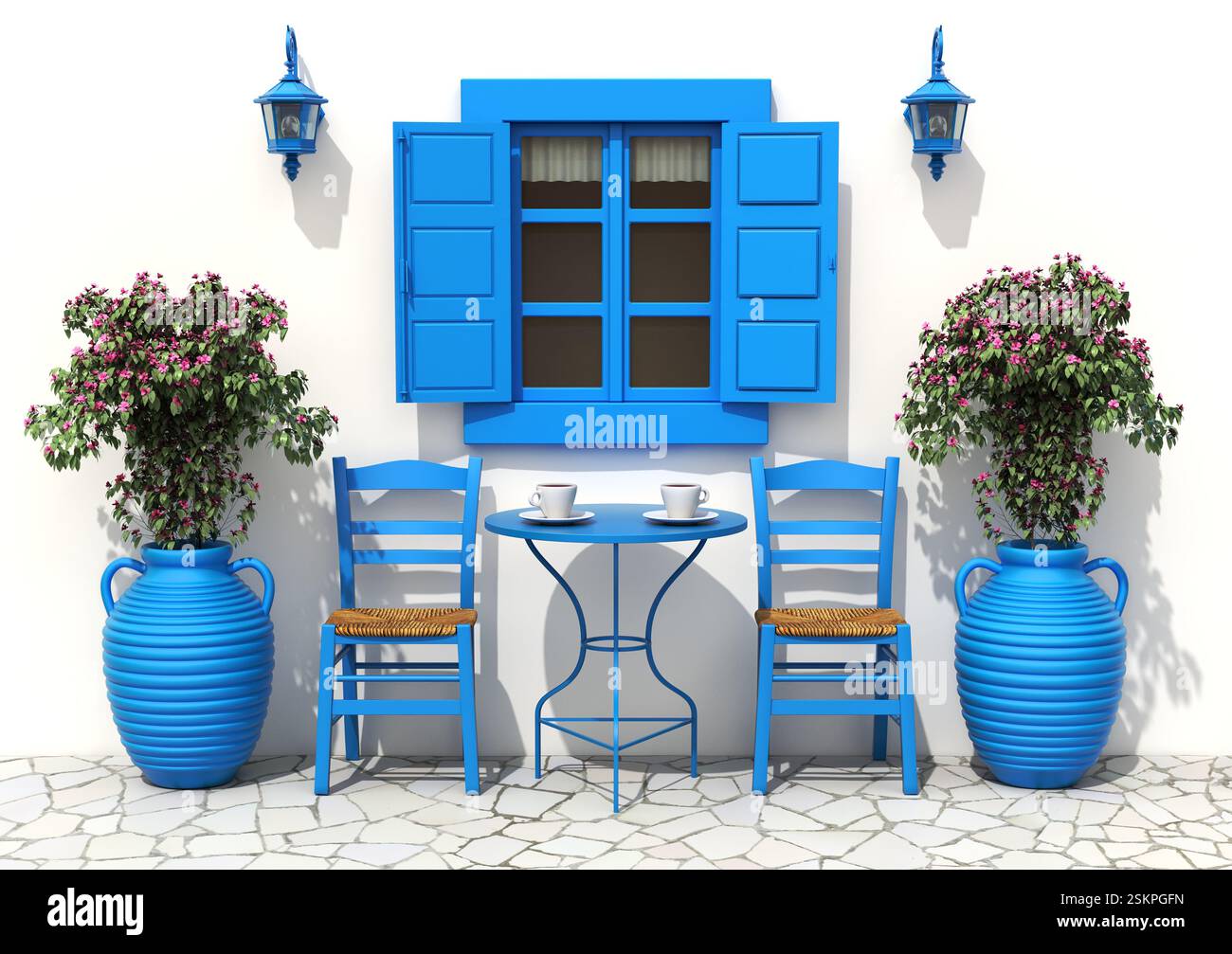 Traditional greek terrace with blue tables and chairs - 3D illustration ...
