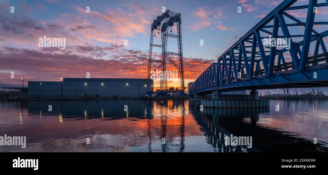 Industrial landscape-truss bridge leading to marine industry production ...