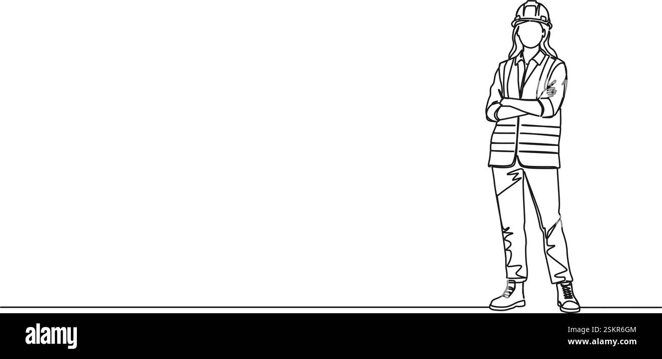 continuous single line drawing of female construction worker or civil engineer wearing ...