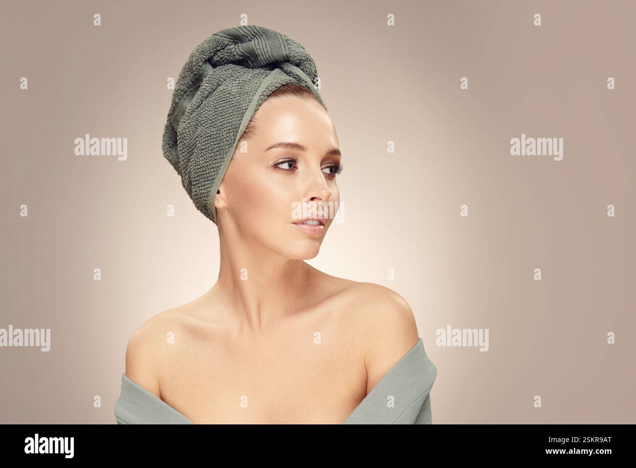 Spa portrait of young woman with a natural fresh face, look away ...