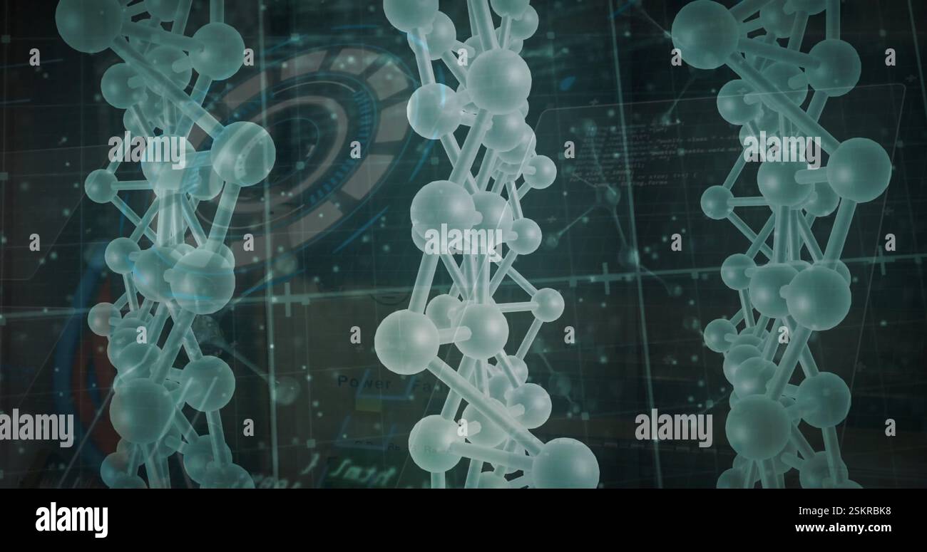 Image of molecules and dna strand over data processing with scope scanning on black background ...