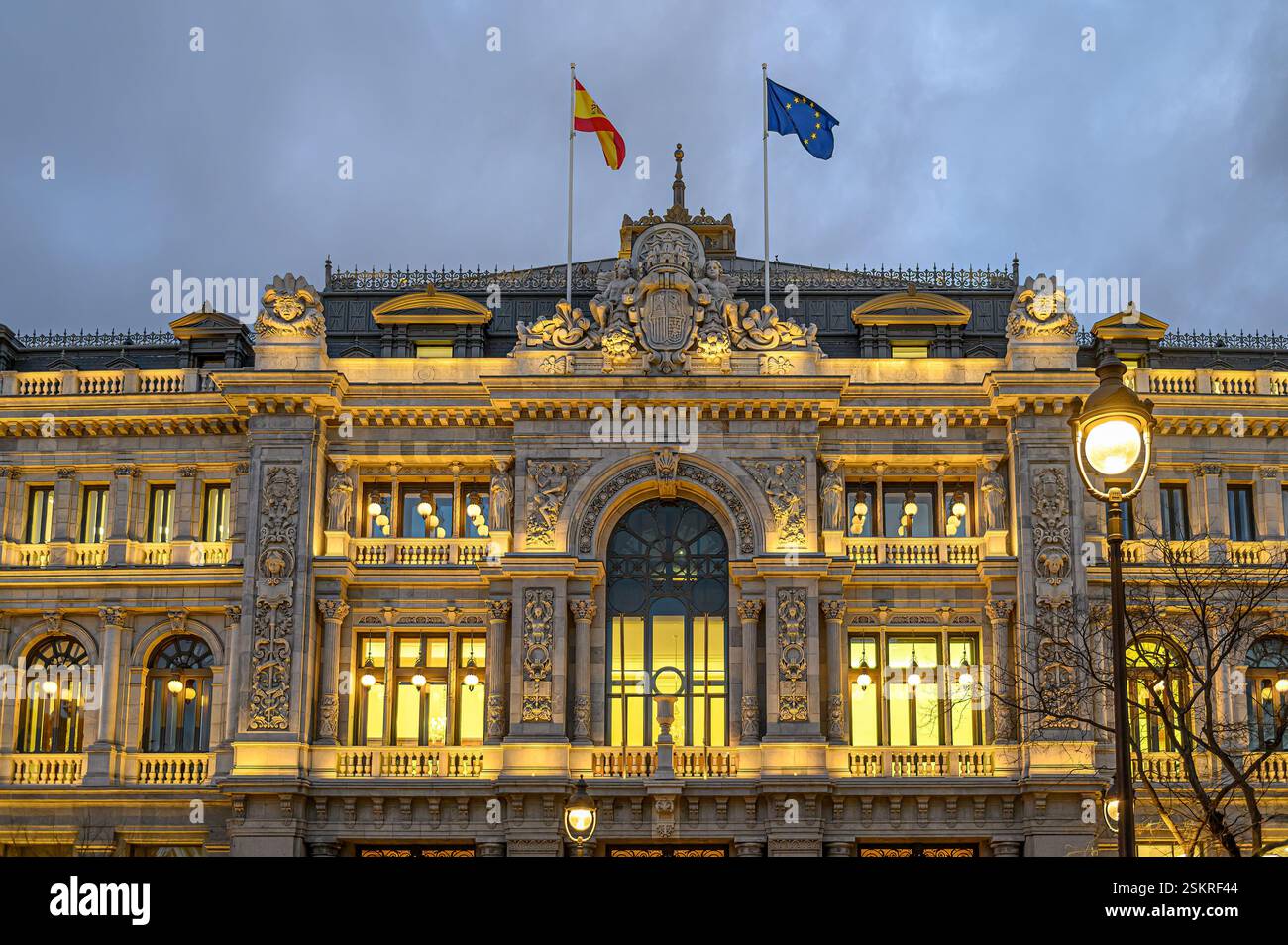 Illuminated facade of the Banco de Espana building.Madrid, Spain Stock ...