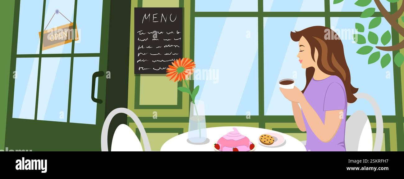 Drawing cafe scene featuring woman enjoying coffee or tea at cozy table ...