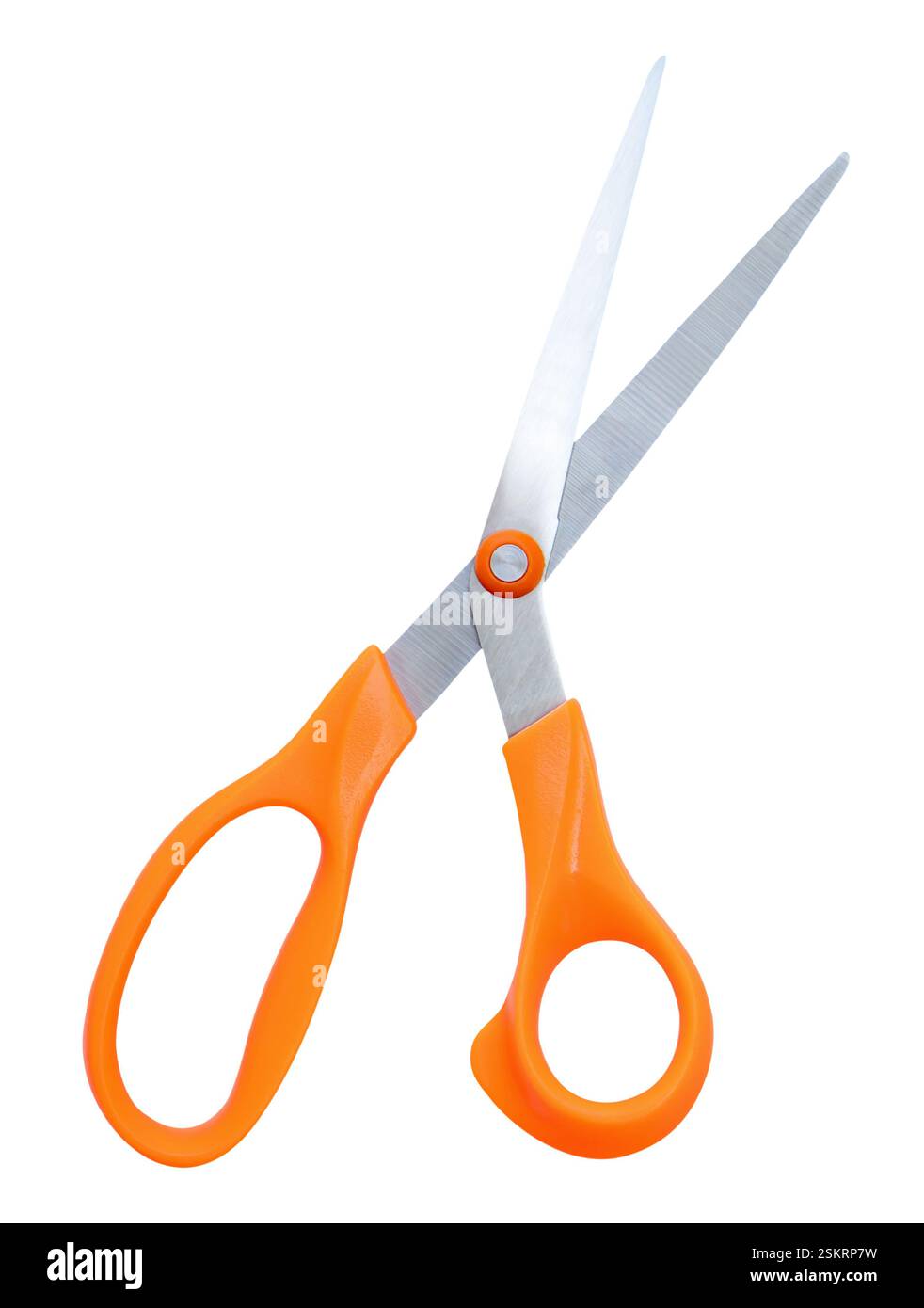 Inclined medium open multipurpose scissors with orange handle is ...