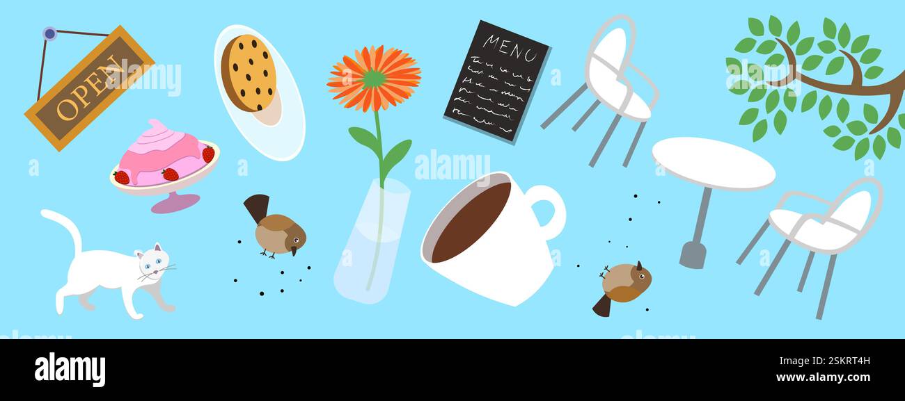 Playful coffee themed doodle set featuring cup, tea and desserts. Warm ...