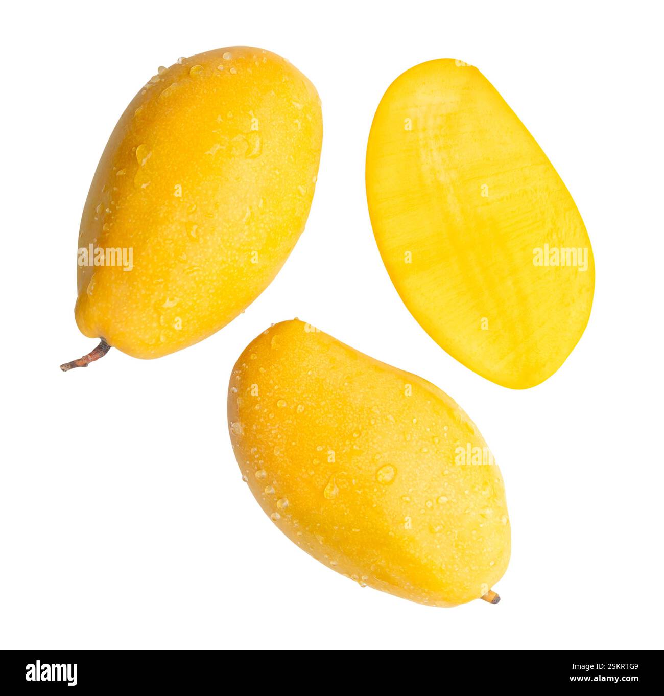 Top view set of two ripe yellow mangoes with half and water drops is ...