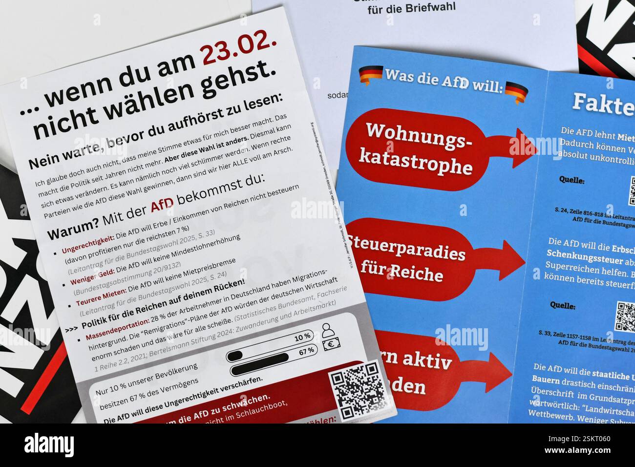 Germany - February 2025: Various flyers informing about risks of voting ...