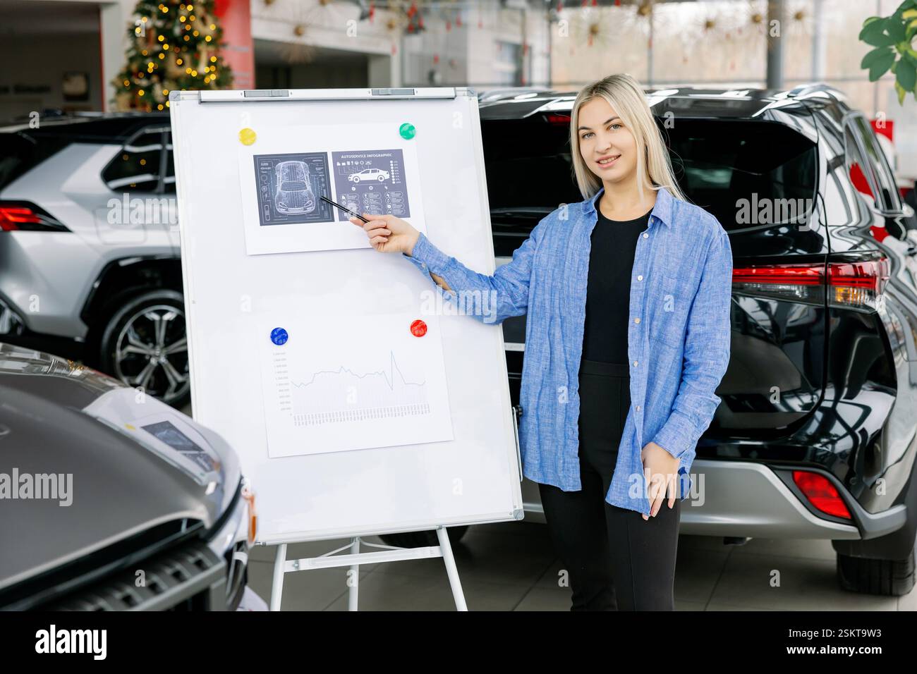 Saleswoman pointing at technical data and charts on whiteboard ...
