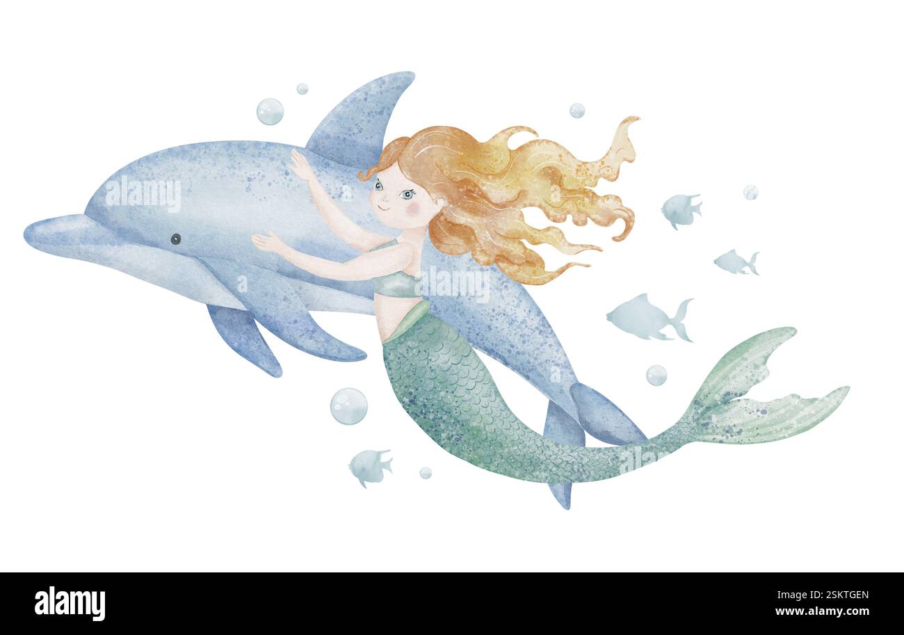 Watercolor illustration of cute Mermaid and Dolphin in pastel colors ...