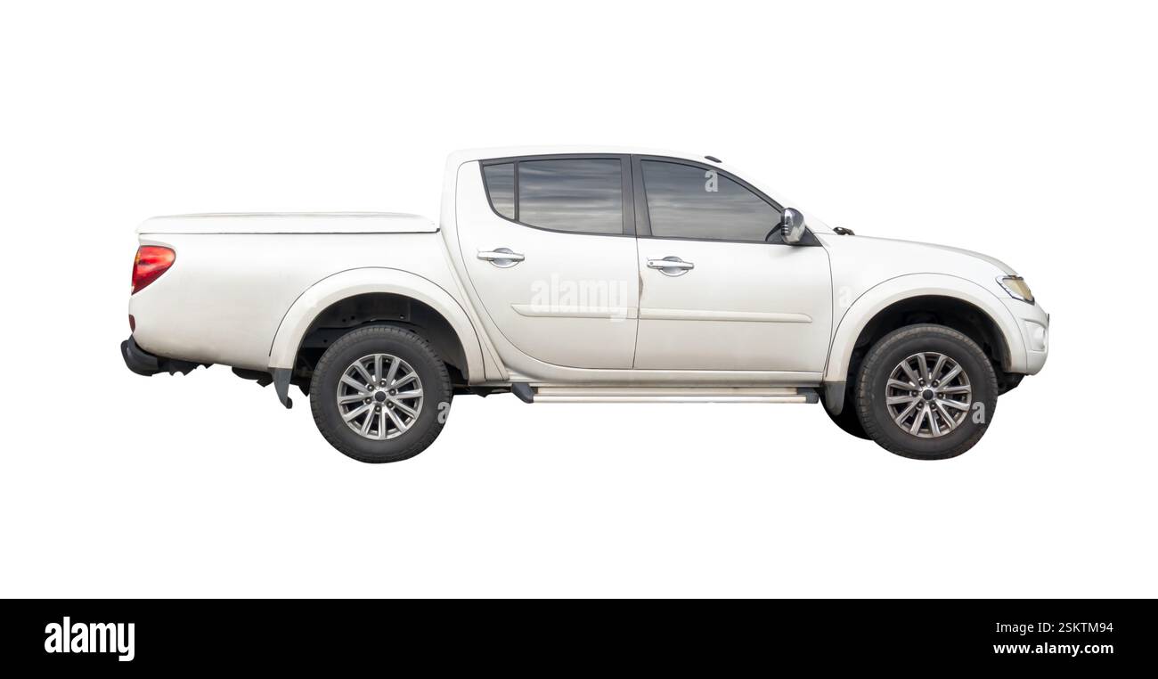 Side view of white pickup truck is isolated on white background with ...