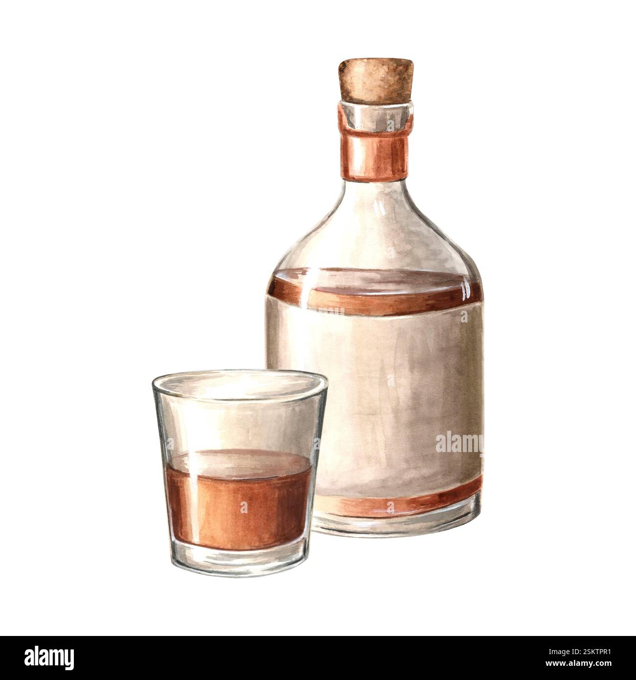 Bottle of rum and glass. Transparent vessels with alcoholic drink ...