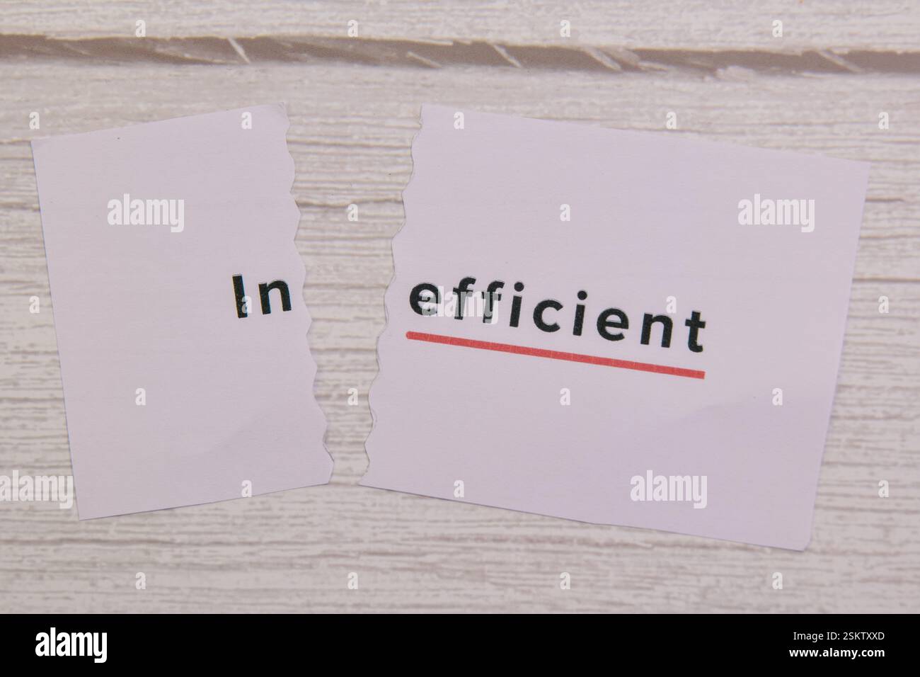 Torn pieces of paper show the word inefficient with a red underline on ...