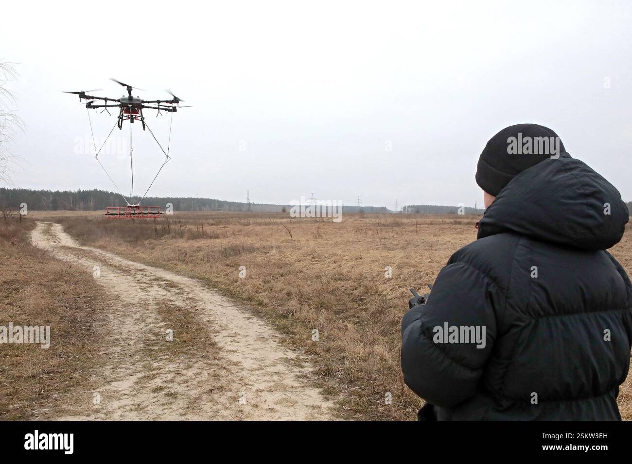 DEMYDIV, UKRAINE - FEBRUARY 11, 2025 - A pilot controls the MinesEye ...