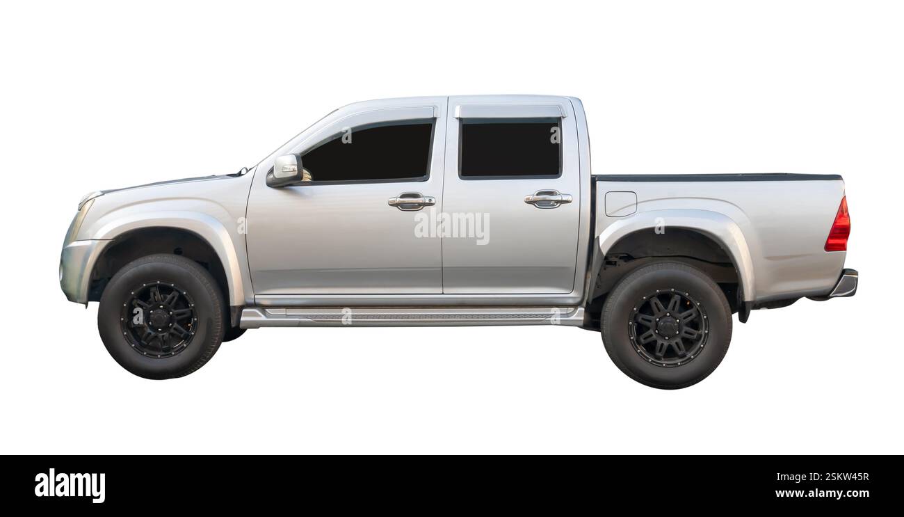 Side view of silver pickup truck is isolated on white background with ...
