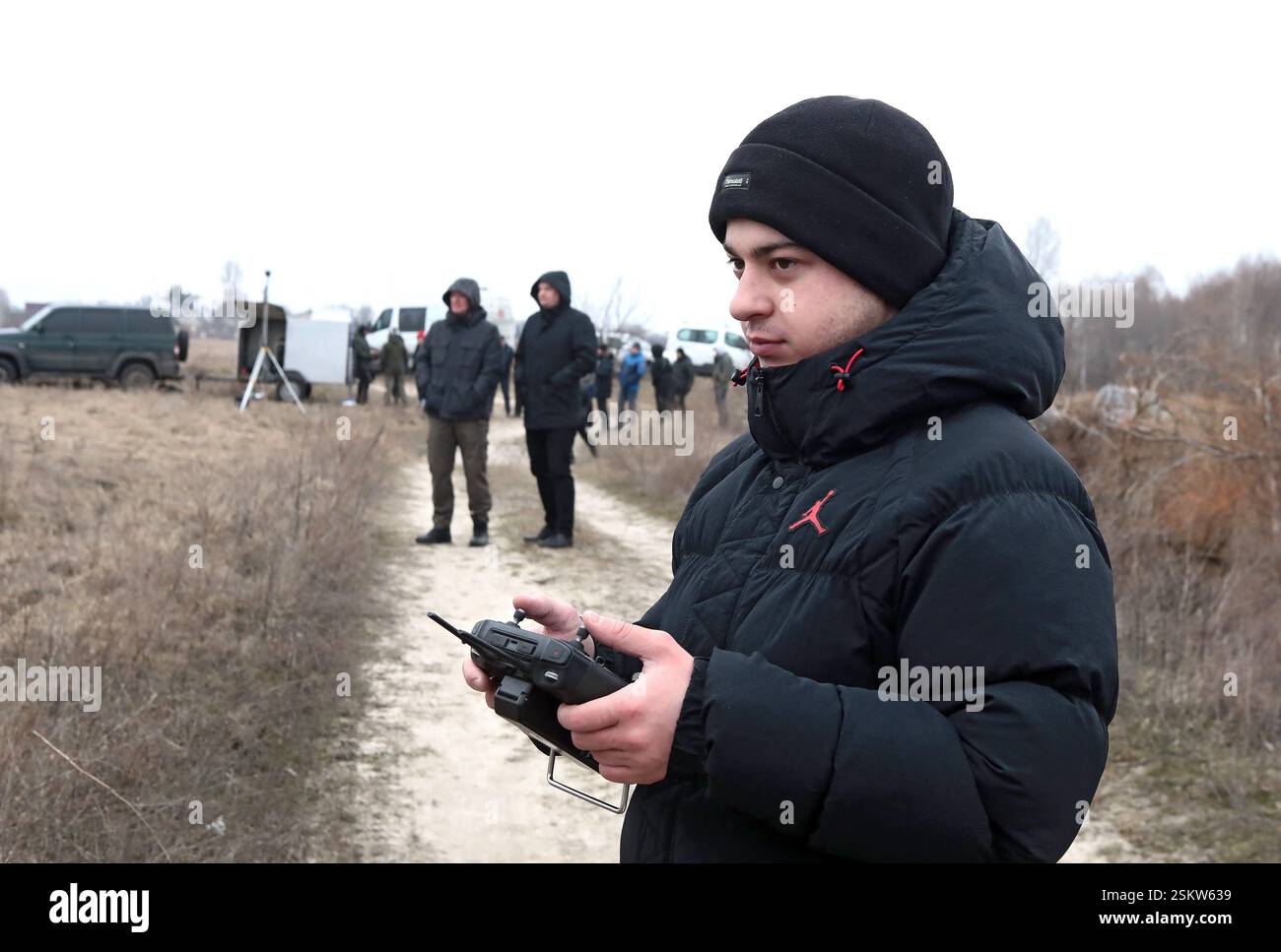 DEMYDIV, UKRAINE - FEBRUARY 11, 2025 - A pilot controls the MinesEye ...