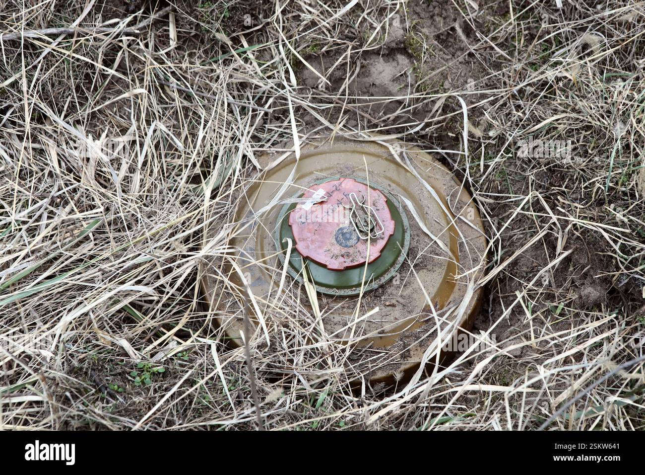 DEMYDIV, UKRAINE - FEBRUARY 11, 2025 - A UXO dummy located by the ...