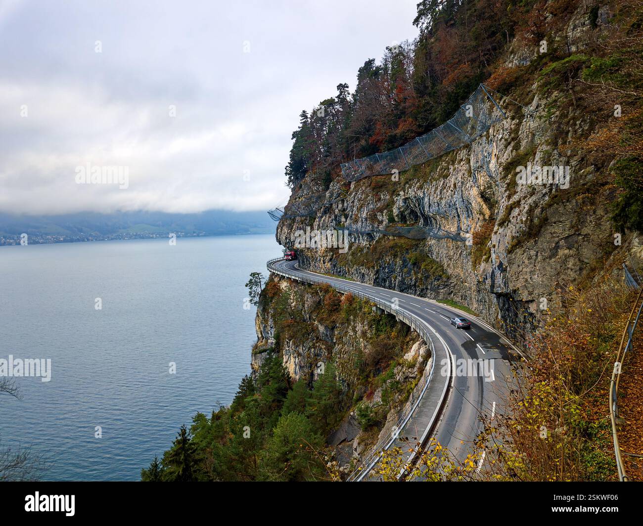 Aerial view of the spetacular motorway on cliff over lake water Stock ...