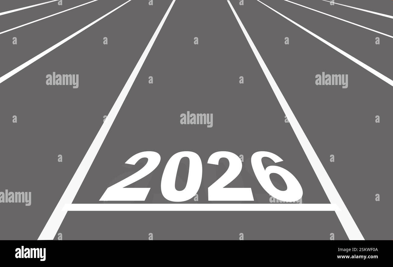 A street track with white markings showing the year 2026, symbolizing ...
